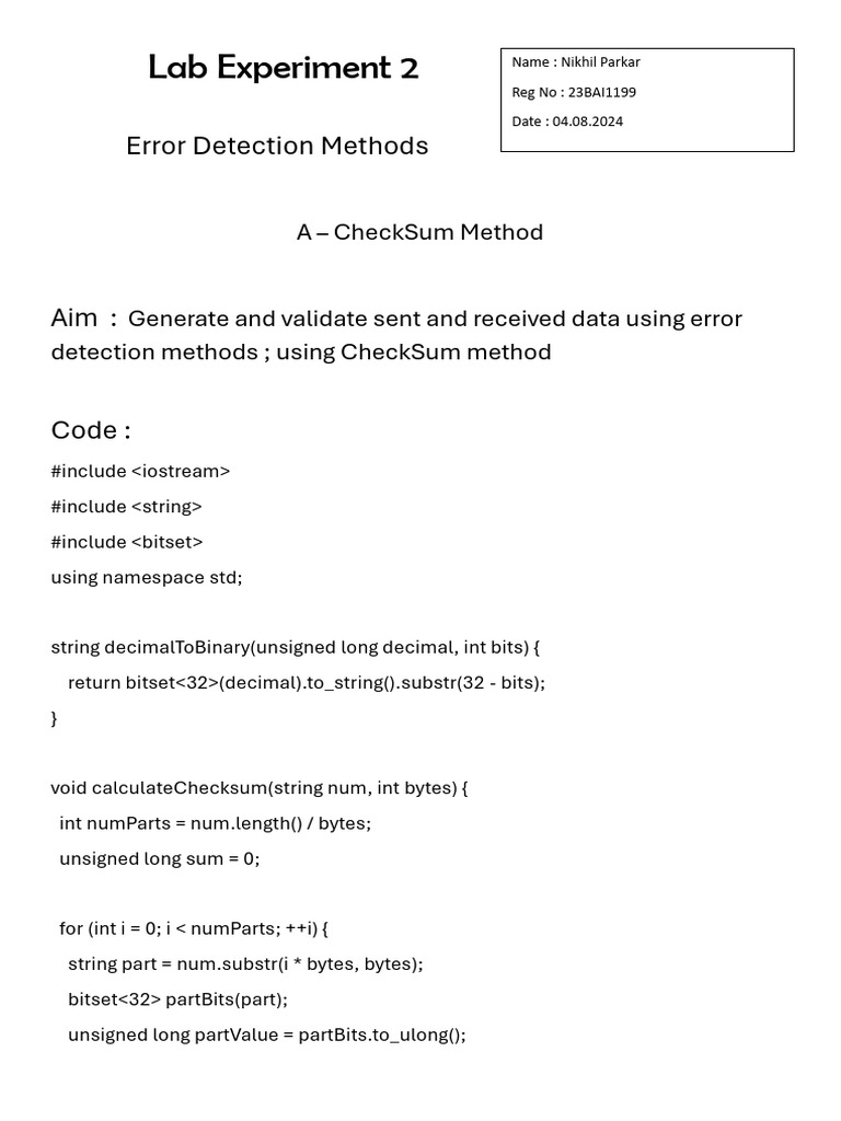 CheckSum Method and Parity Method | PDF | Bit | Computer Engineering