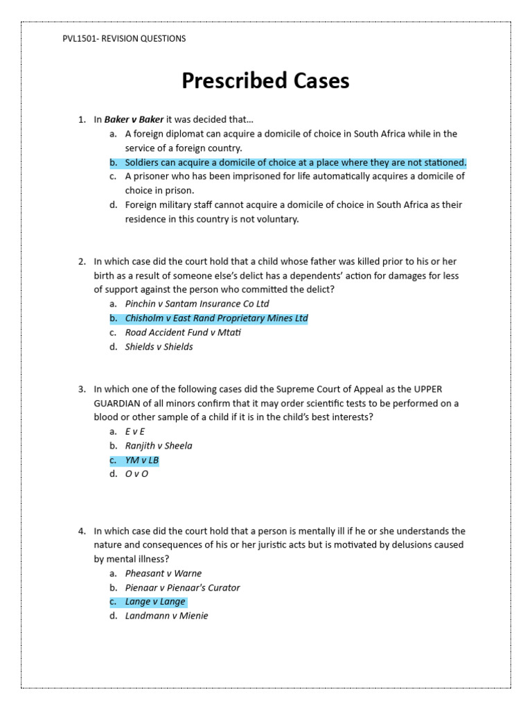 PVL1501 - Prescribed Cases-QUESTIONS & MEMO | PDF | Domicile (Law ...