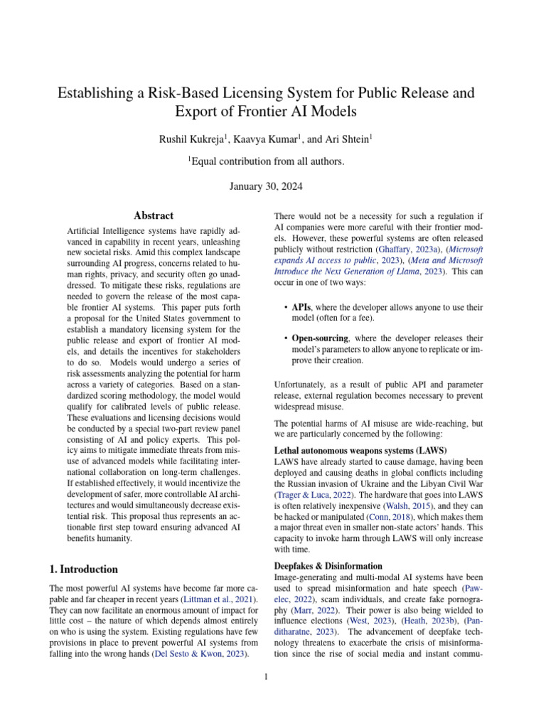Establishing A Risk-Based Licensing System For Public Release and ...