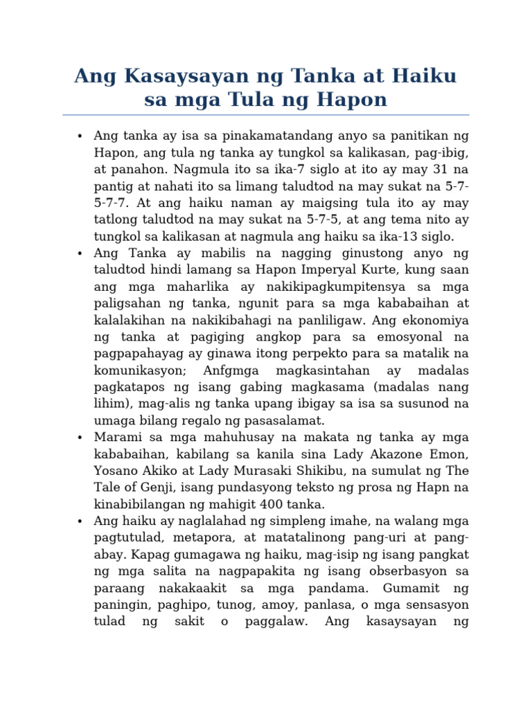Ang Kasaysayan NG Tanka at Haiku Sa Mga Tula NG Hapon | PDF