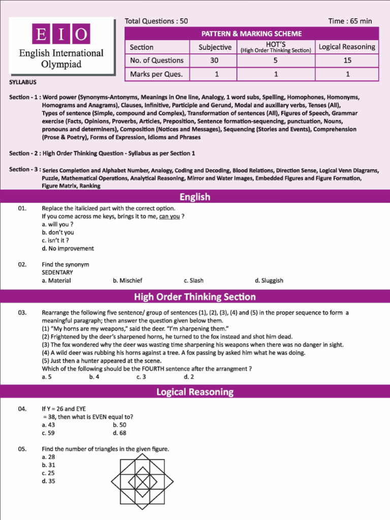 EIO Class 8 Sample Paper | PDF