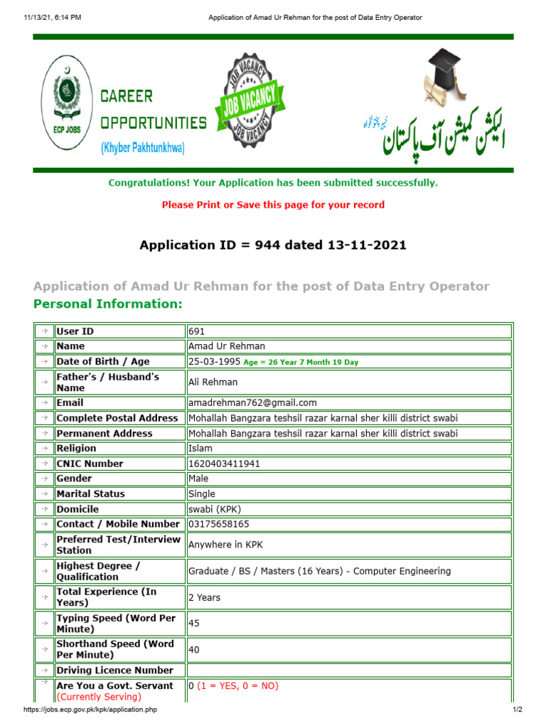 Data Entry Operator Application: Amad Ur Rehman | PDF