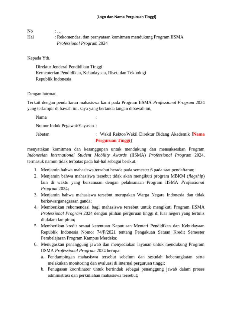 (Template) 5 - Surat Rekomendasi Dan Pernyataan Perguruan Tinggi IISMA Professional Program 2024 ...