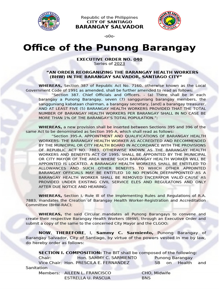 Executive Order No. 040 S. 2024 - An Executive Order Barangay HW | PDF ...