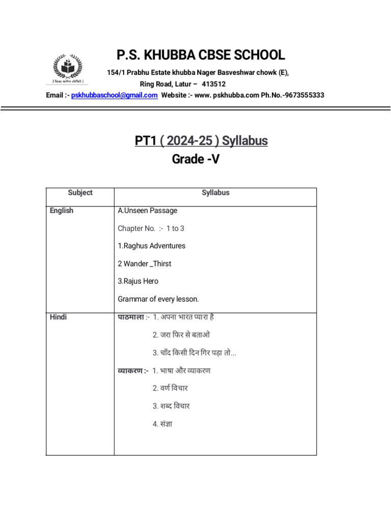 PT1 Syllabus Grade V (2024-25) | PDF