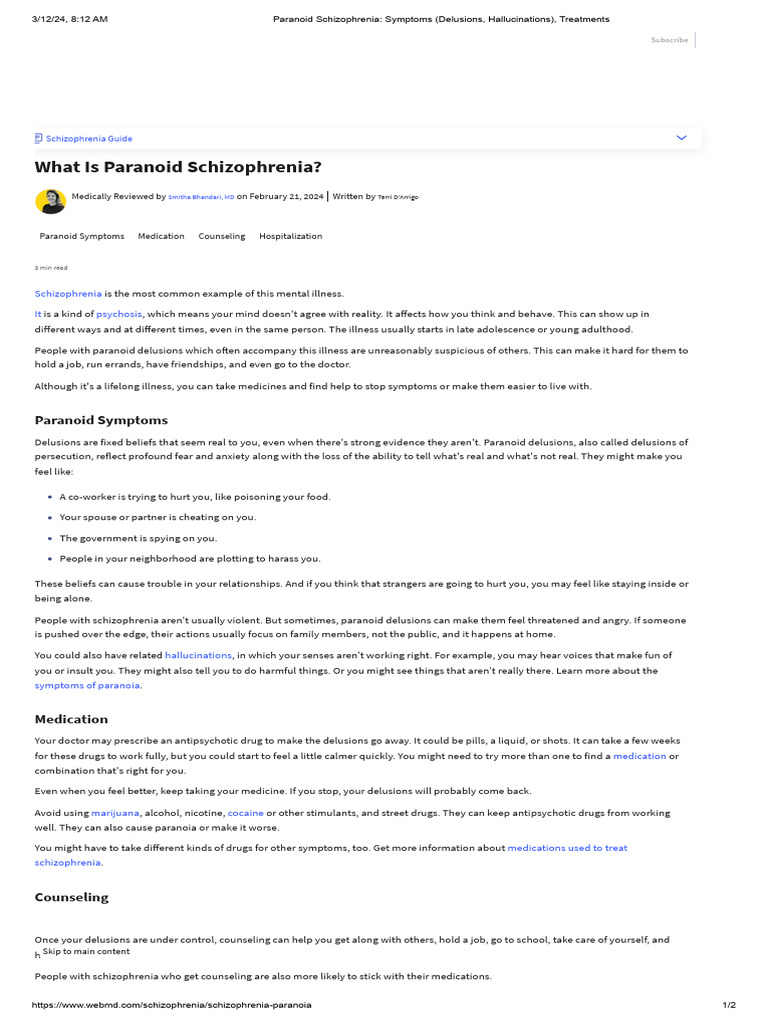 Paranoid Schizophrenia - Symptoms (Delusions, Hallucinations), Treatments | PDF | Paranoia ...