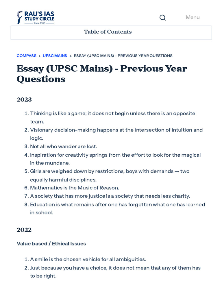 Essay (UPSC Mains) - Previous Year Questions - Rau's IAS | PDF ...
