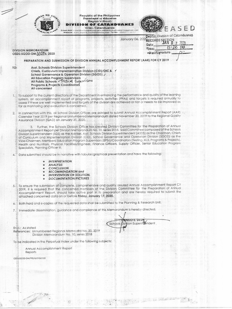 DM No. 0005 S. 2020 - SGOD Prep and Submission of Div Annual ...