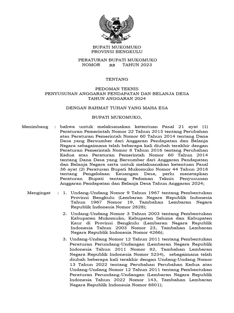 Perbub Petunjuk Teknis Apbdesa 2ta 2024 | PDF