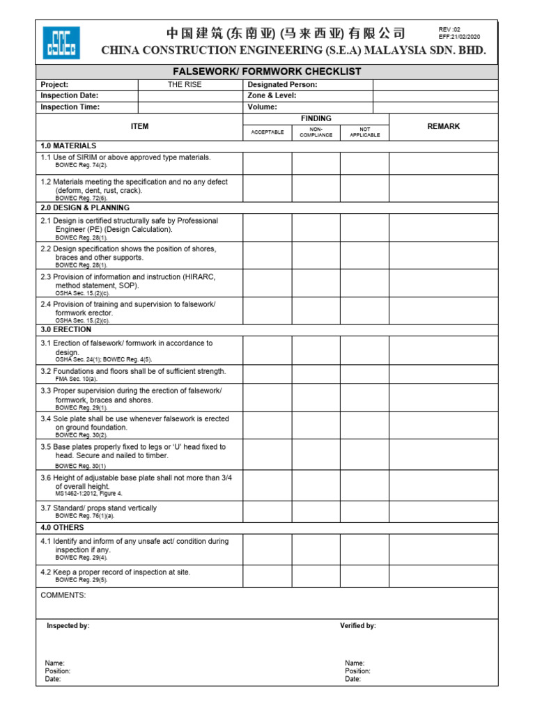Falsework/Formwork Inspection Checklist | PDF | Structural Engineering ...