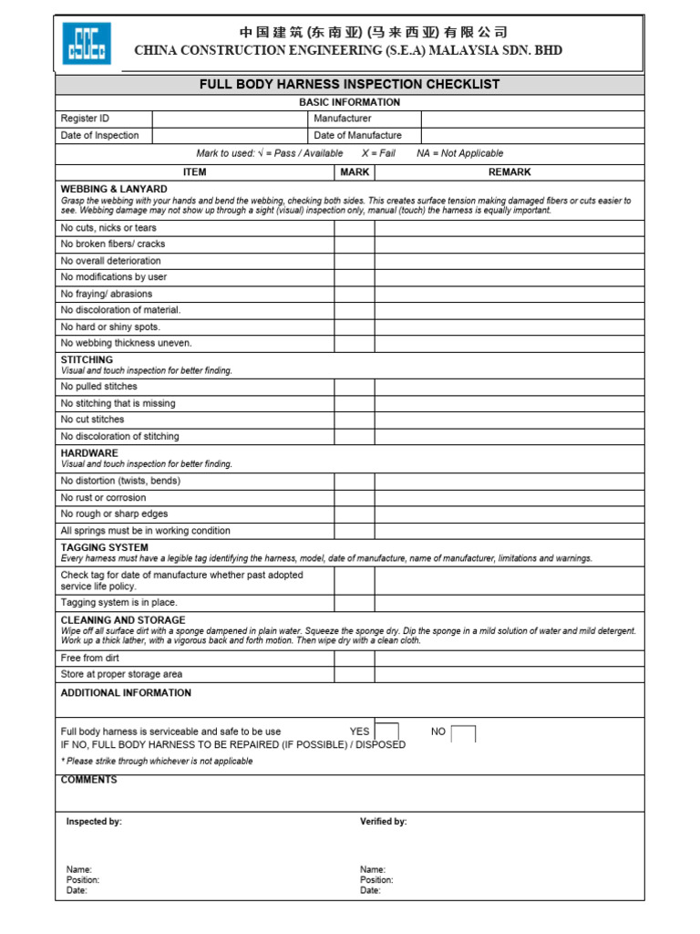 CSCEC Inspection Checklist - Full Body Harness | PDF | Materials