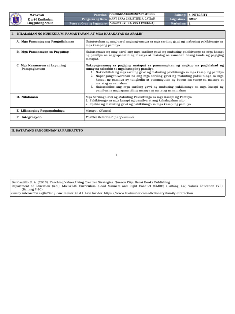 DLL Matatag - GMRC 4 Q1 W3 | PDF