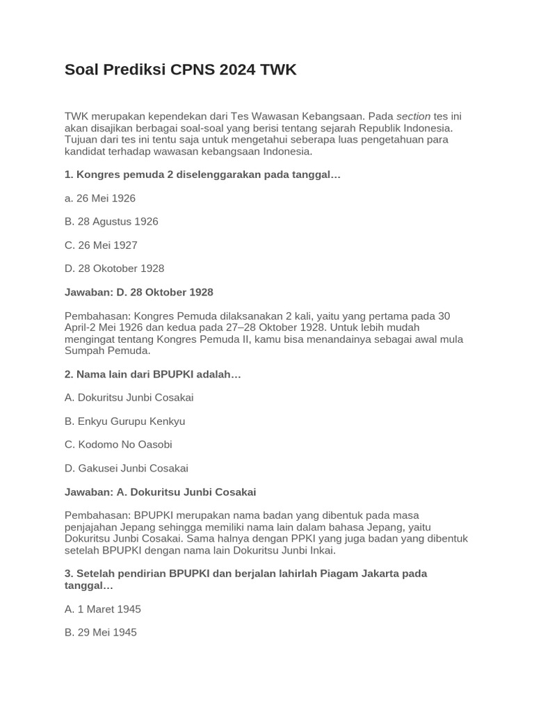Soal Prediksi CPNS 2024 TWK | PDF | Politik | Perjalanan