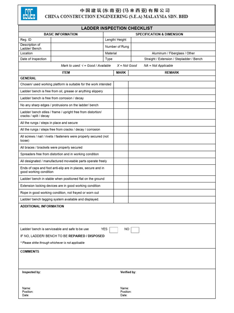 CSCEC-Inspection Checklist - Ladder | PDF | Ladder