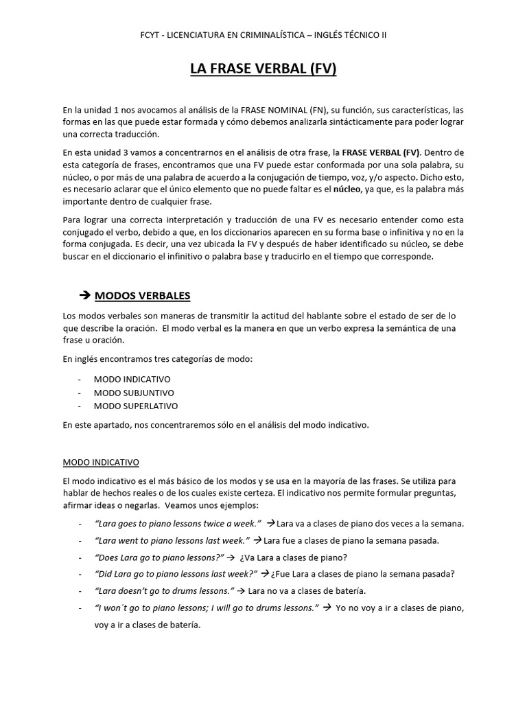 Frase Verbal - Tiempos Simples | PDF | Oración (Lingüística) | Verbo