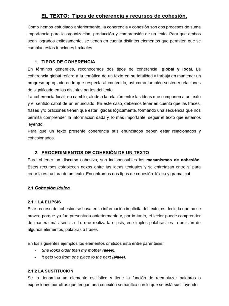 EL TEXTO. Tipos de Coherencia y Recursos de Cohesión | PDF | Oración ...
