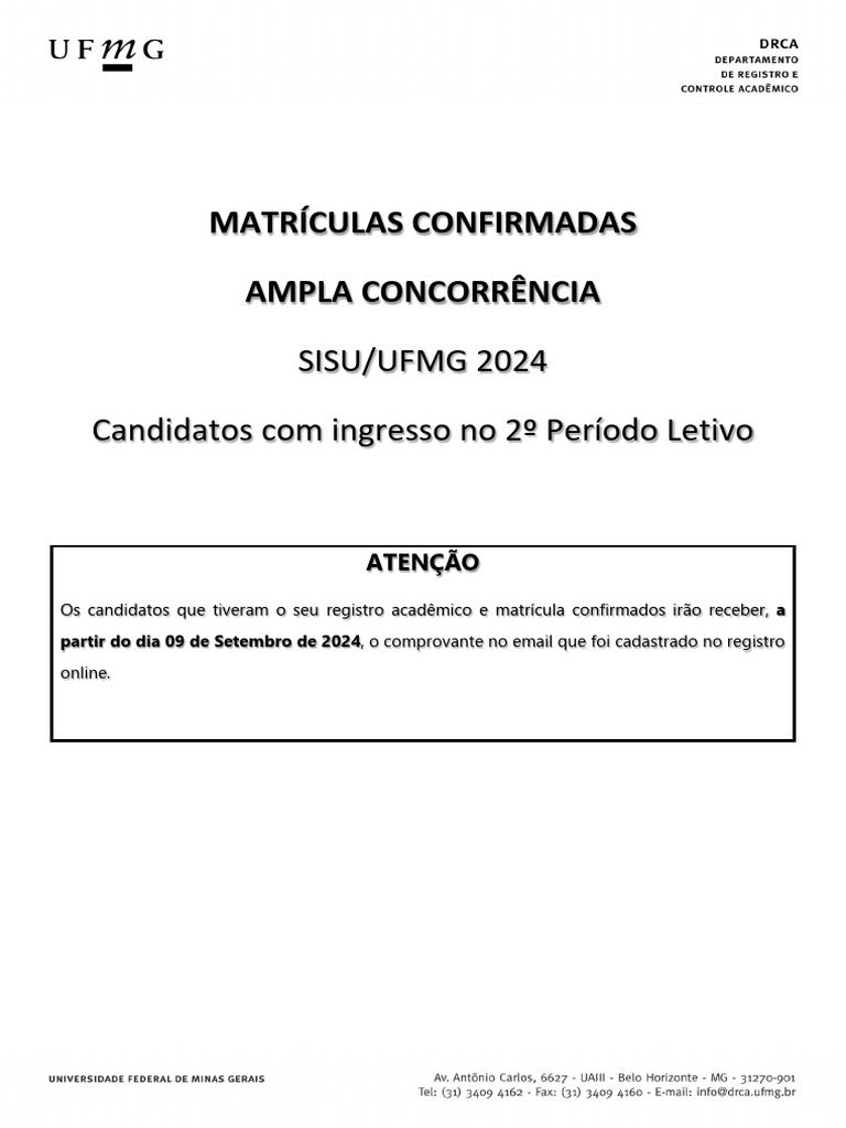 2a Entrada SISU 2024 Matriculas Confirmadas Ampla Concorrencia | PDF
