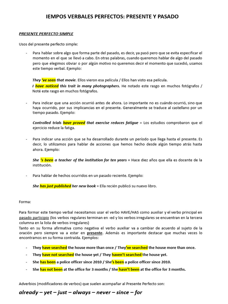 Tiempos Verbales Perfectos. | PDF | Verbo | Mecánica del lenguaje