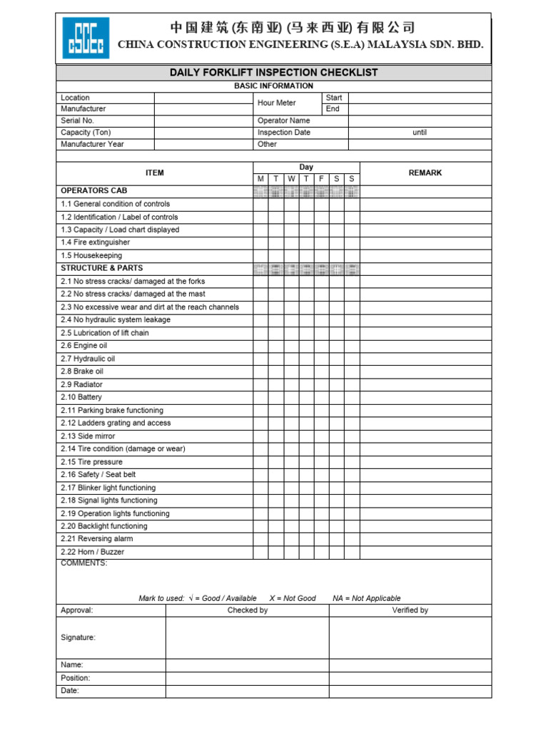 Daily Forklift Inspection Checklist | PDF
