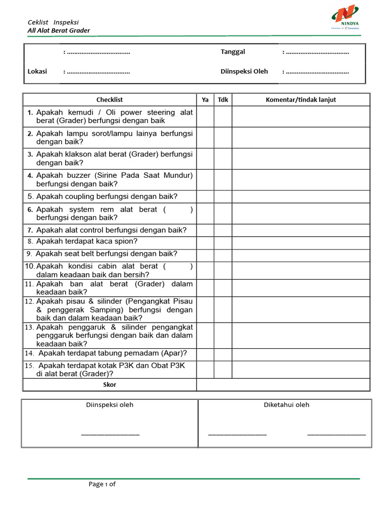 Form Checklist Inspeksi Alat Berat | PDF | Bisnis | Komputer