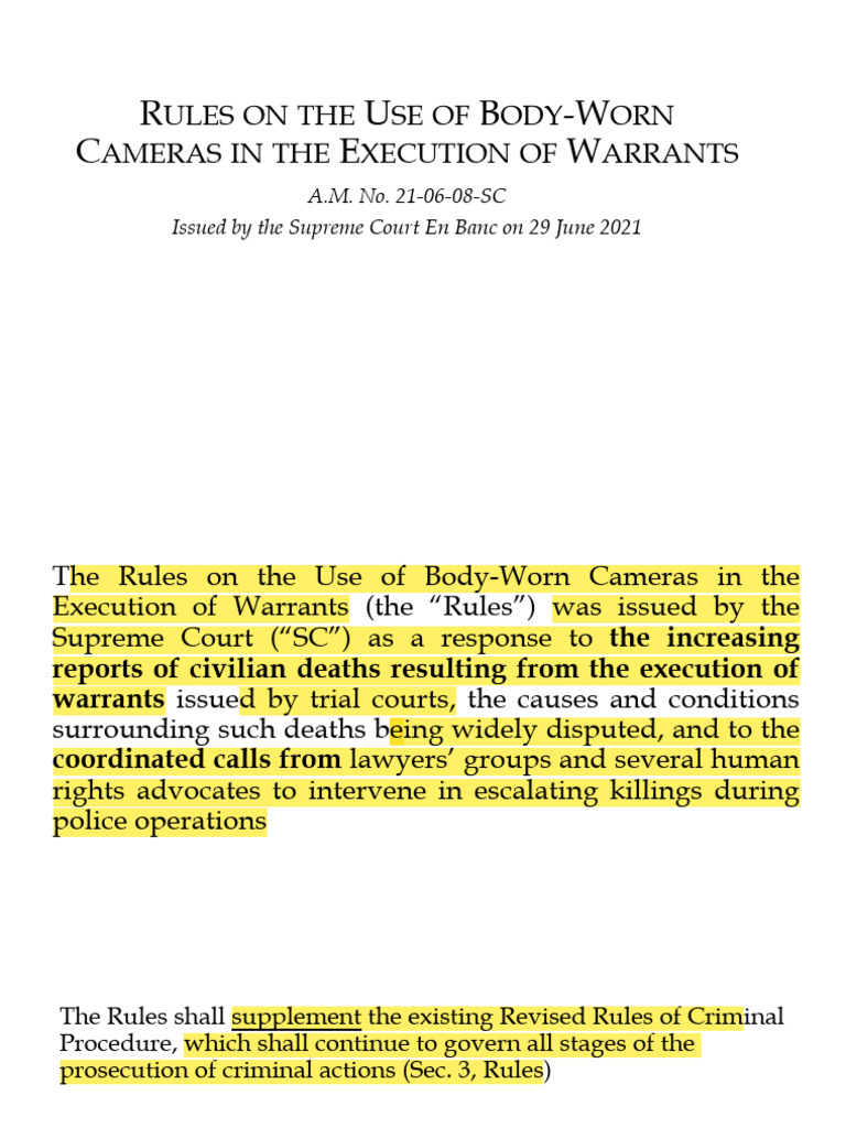 Rules On Body Worn Cameras CRIMPRO | PDF | Search Warrant | Arrest