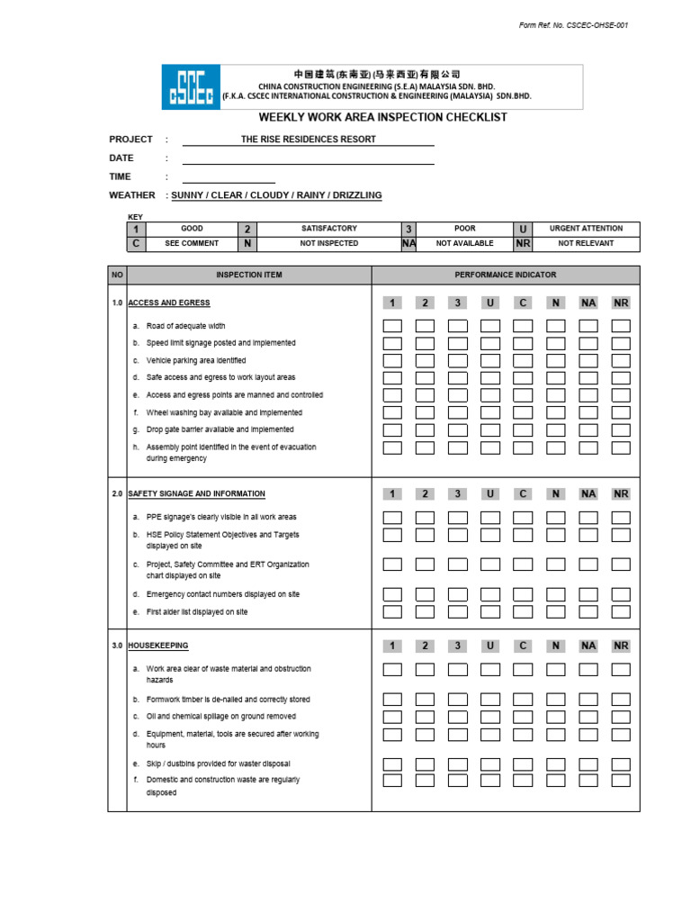 Weekly Work Area Inspection Checklist | PDF | Personal Protective ...