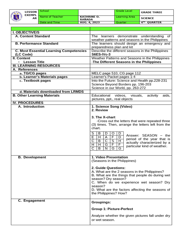 Lesson Exemplar in Science | PDF | Monsoon | Wet Season