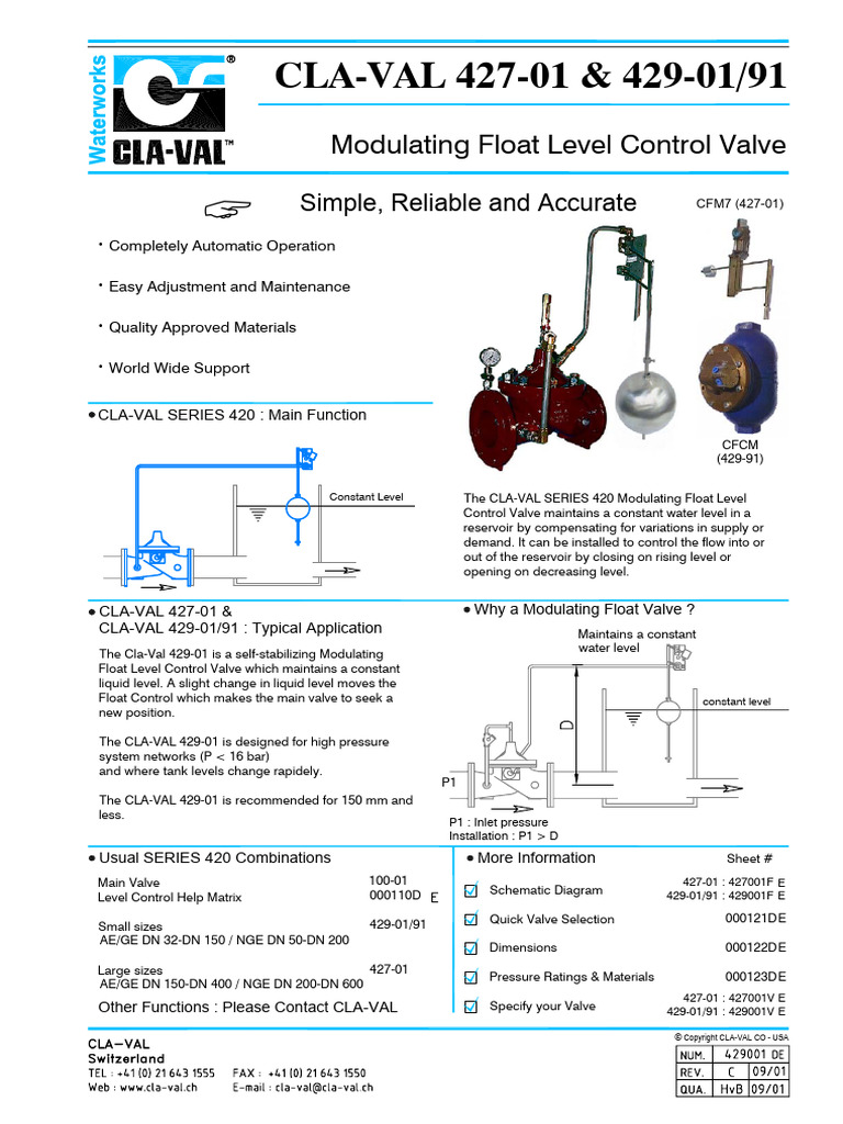 CLA-VAL 427-01 & 429-01/91: Modulating Float Level Control Valve | PDF | Valve | Hydraulics