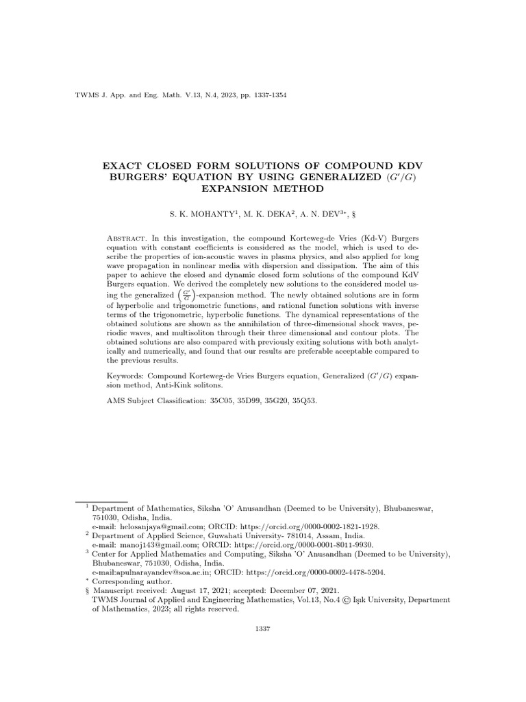 Exact Closed Form Solutions of Compound KDV Burgers Equation by Using ...