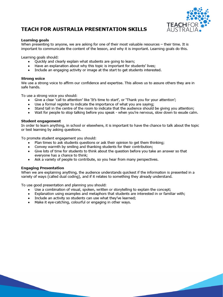 Teach For Australia Presentation Skills and Observation Sheet v2 | PDF ...