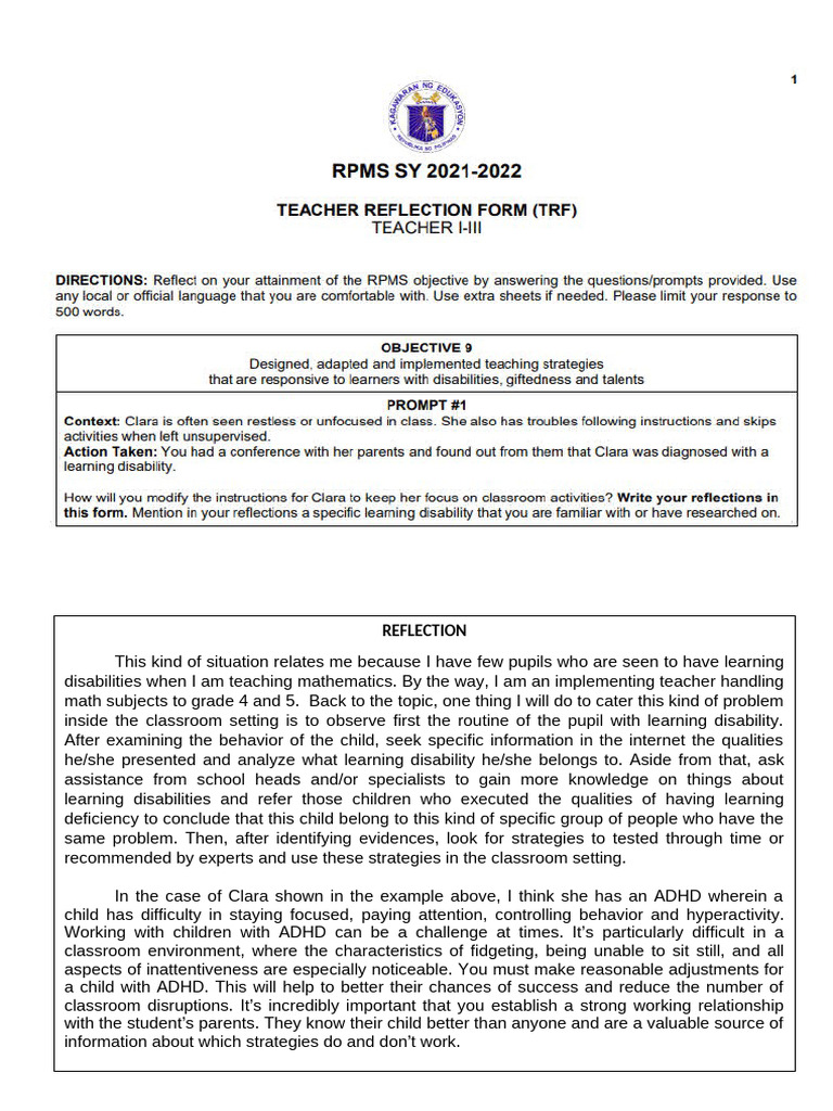 Teacher Reflection Form Sample | PDF | Learning Disability | Attention Deficit Hyperactivity ...