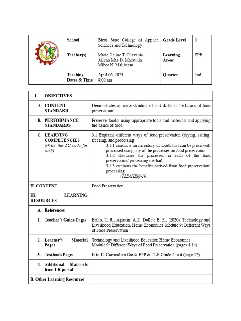 EPP 6 - Detailed Lesson Plan | PDF | Food Preservation | Smoking (Cooking)