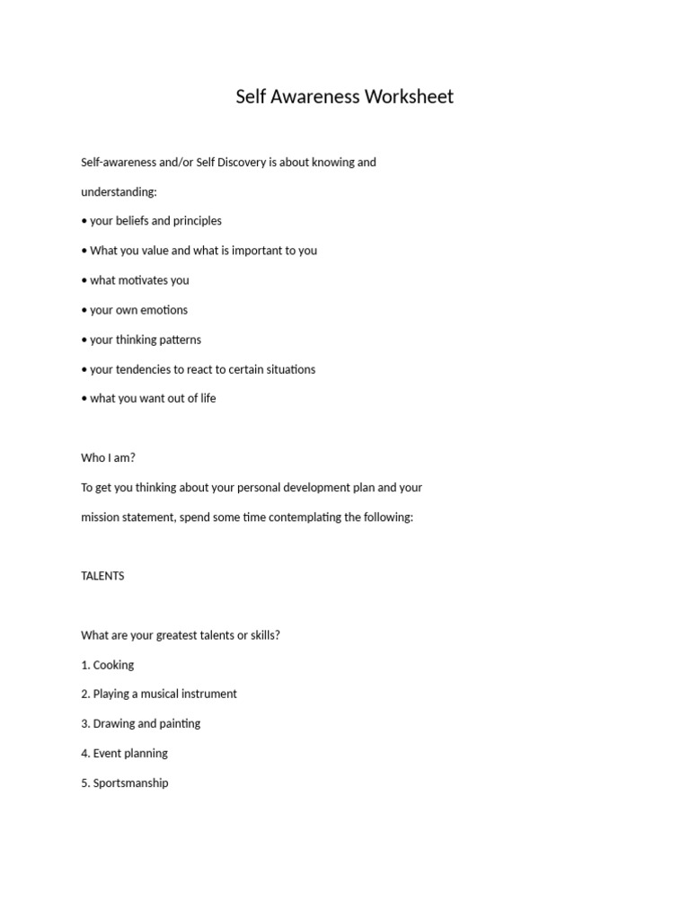 Self Awareness Worksheet | PDF | Creativity | Self Awareness