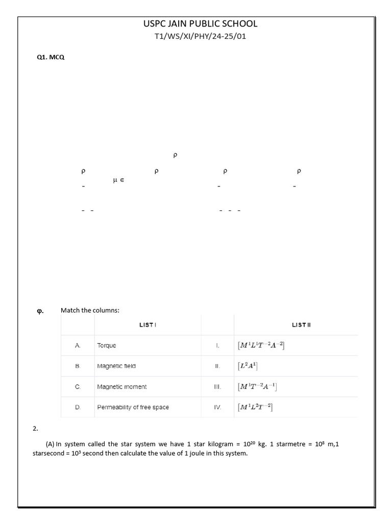 Physics Worksheet (Unit and Dimensions and Motion in A Plain) Class 11 ...