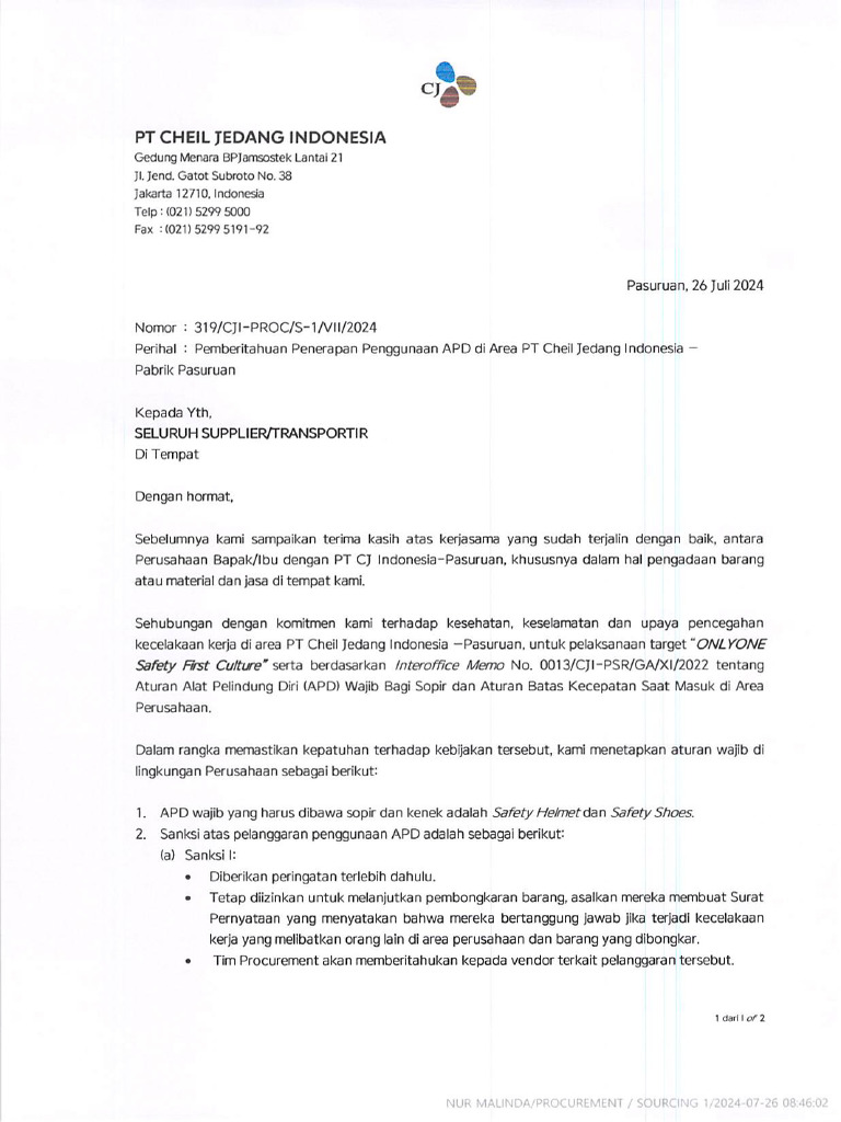 Surat Pemberitahuan Penggunaan APD Vendor Dan Transportir-Signed | PDF