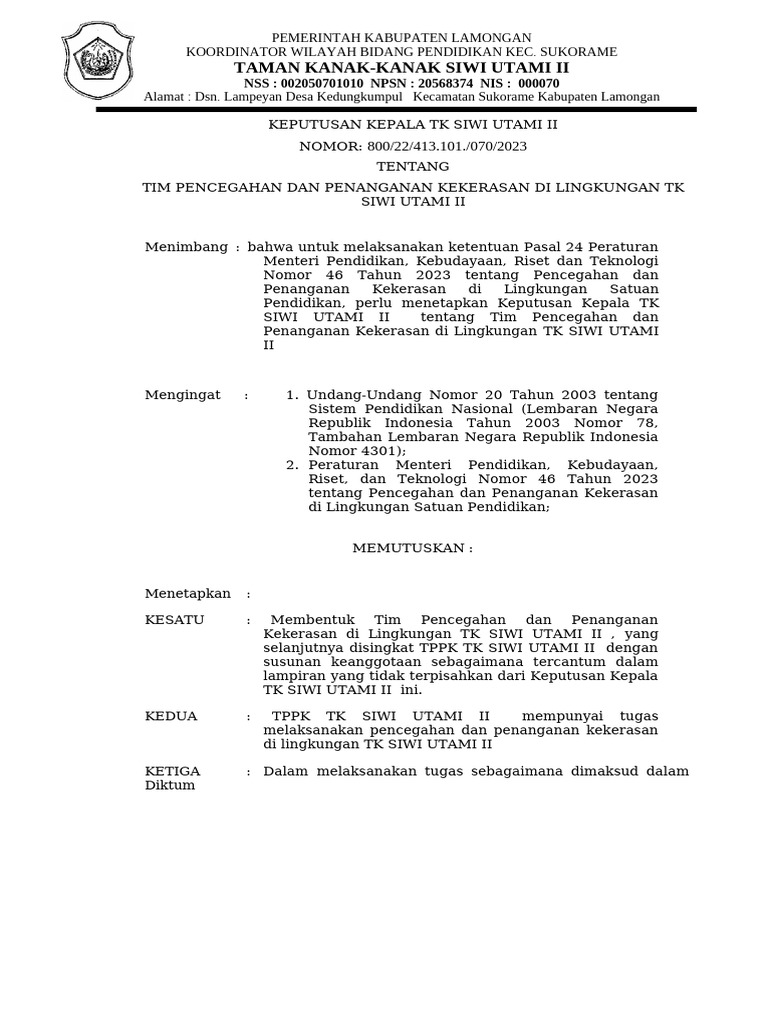 Lampiran 2 - Contoh SK Kepala Satuan Pendidikan Pembentukan TPPK | PDF
