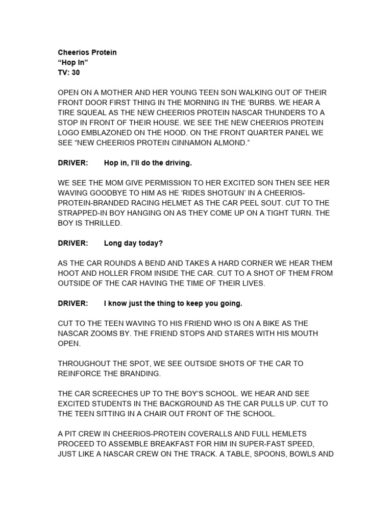 Cheerios Commercial 02 Protein Teen Script | PDF