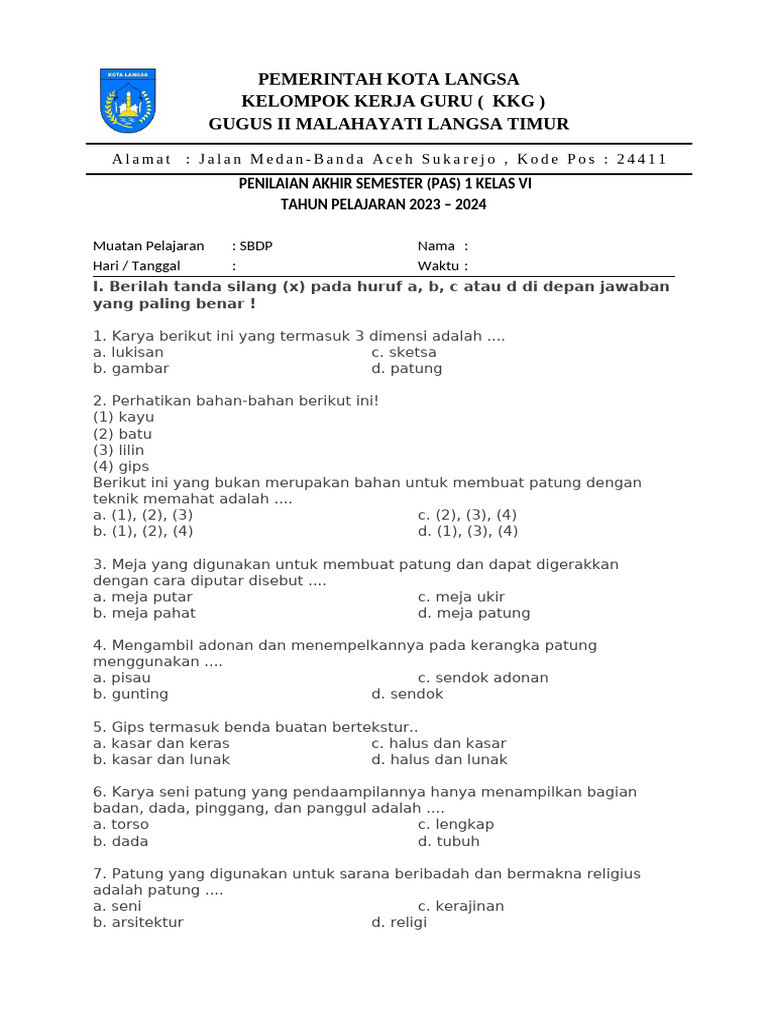 Soal Ujian Pas 1 SBDP Kelas Vi | PDF | Game & Aktivitas | Griya & Taman