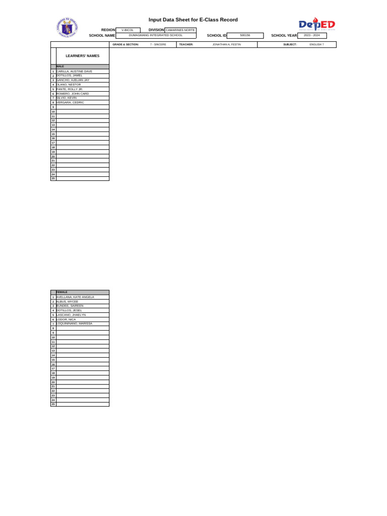 Grade 7 English Persistent Grading Sheet First Quarter | PDF