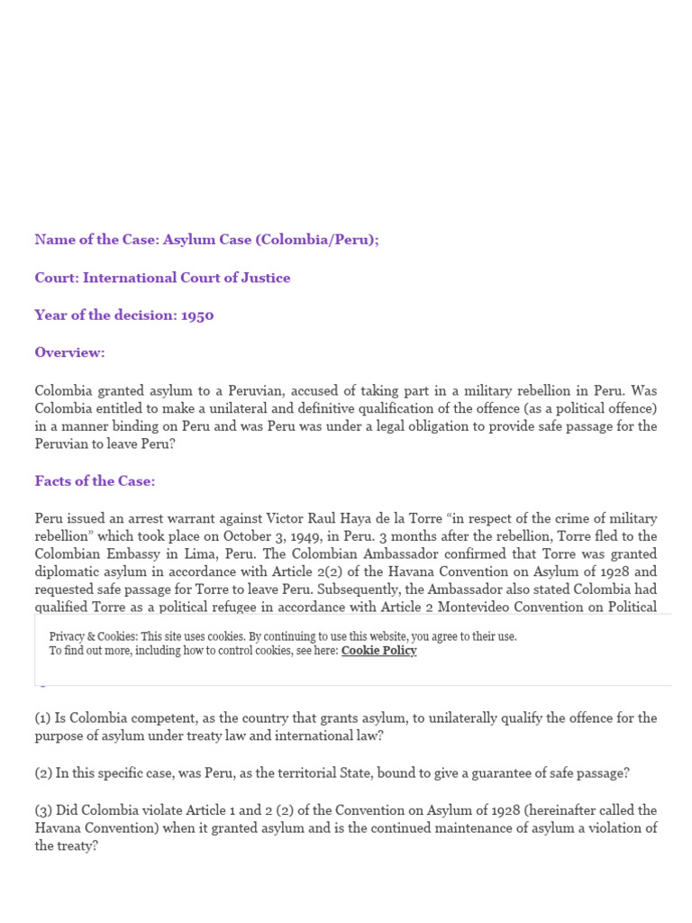 Asylum Case (Summary) - Public International Law | PDF | International ...