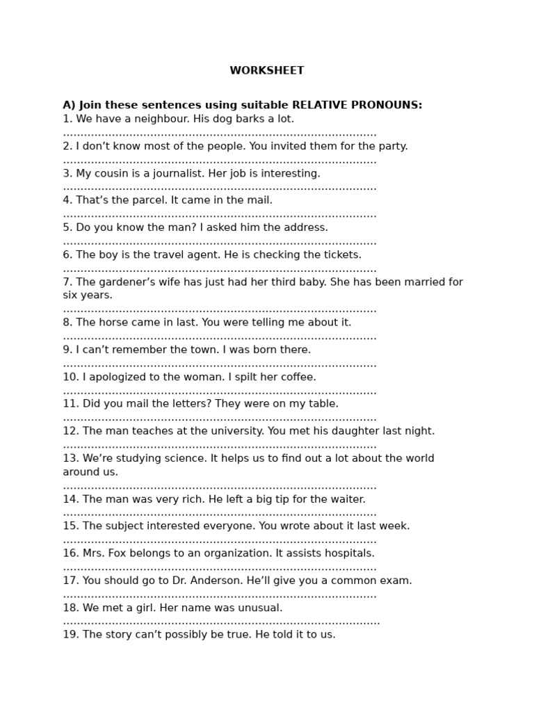Relative Pronouns WORKSHEET | PDF