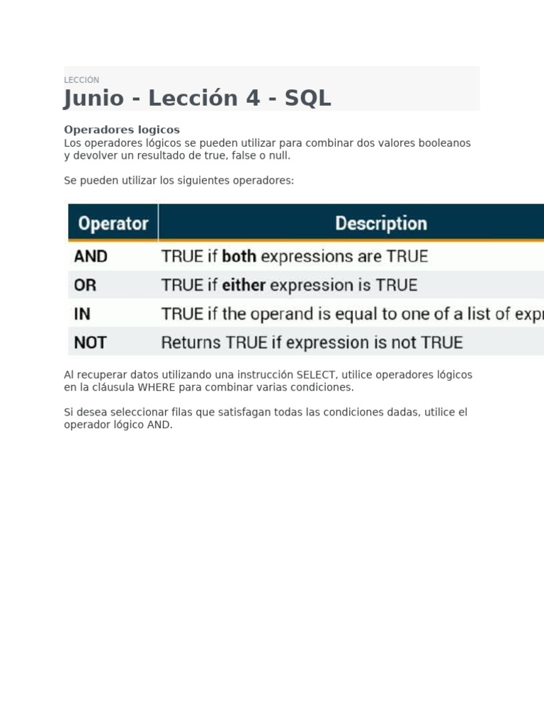 Junio Leccion 4-, SQL | PDF | SQL | Ciencias de la Computación