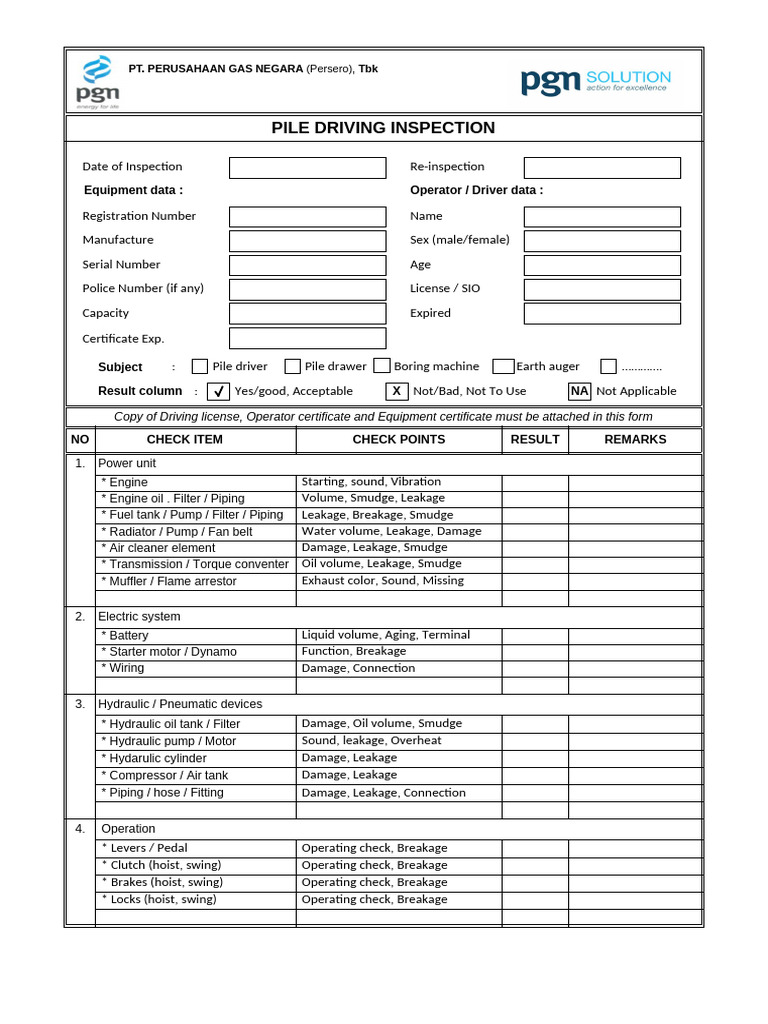 Pile Driving Inspection Checklist Guide | PDF | Engines | Pump