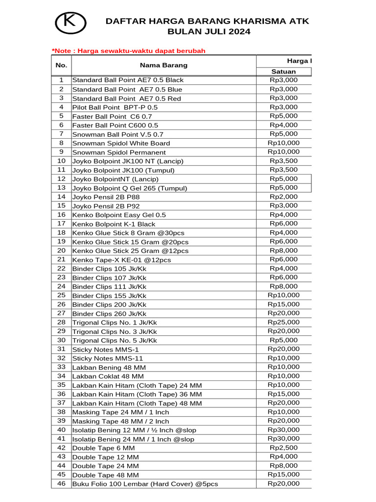 Daftar Harga Barang Kharisma ATK Jul'24 | PDF