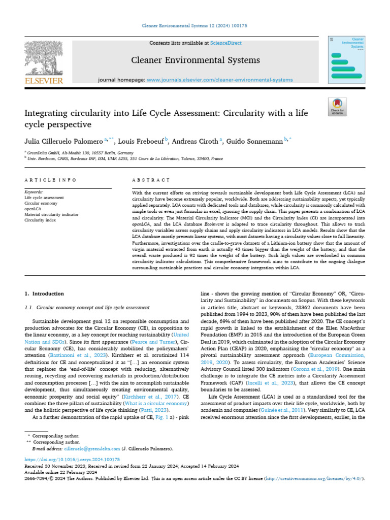 Integrating Circularity Into Life Cycle Assessment Circularity With A Life | PDF | Life Cycle ...