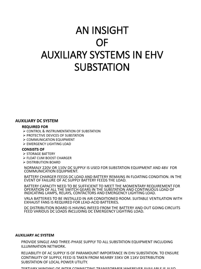 An Insight of Auxilary Systems in Ehv | PDF | Electrical Substation | Mains Electricity
