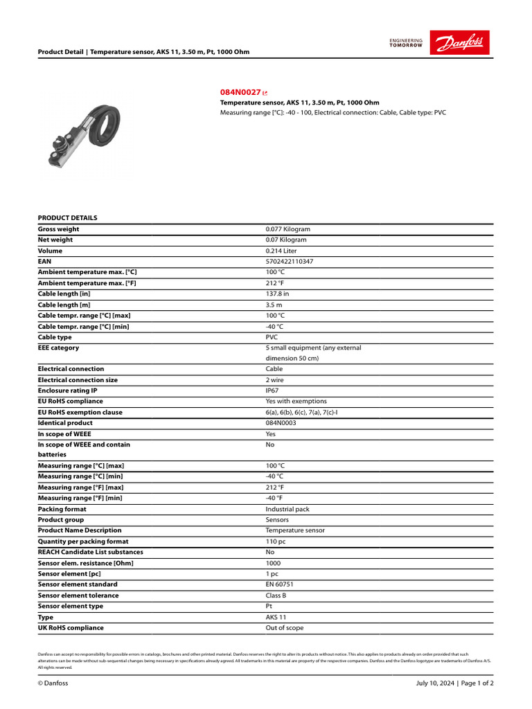 AKS 11 Temperature Sensor, 3.5m, 1000 Ohm | PDF | Electrical ...