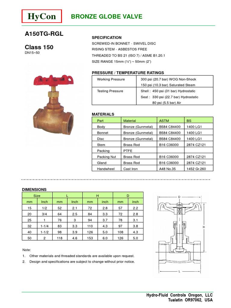Bronze Globe Valve A150TG-RGL | PDF | Gas Technologies | Hydraulics
