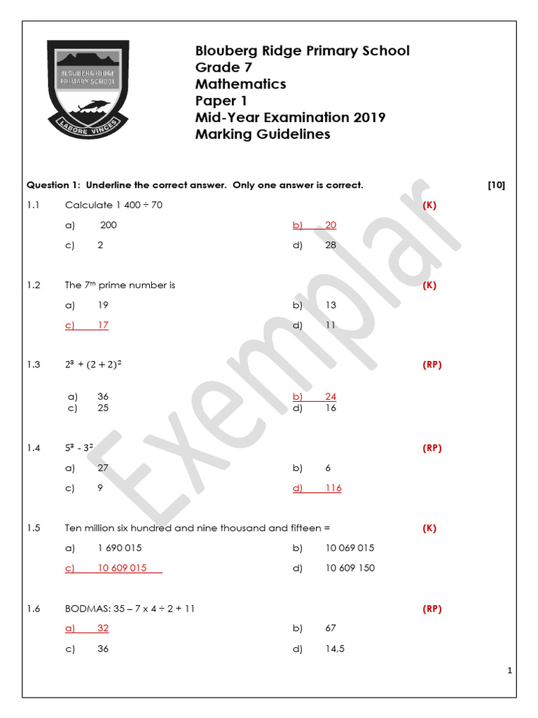 Grade 7 Math Paper 1 Marking Guidelines Mid Year Examination 2019 | PDF ...