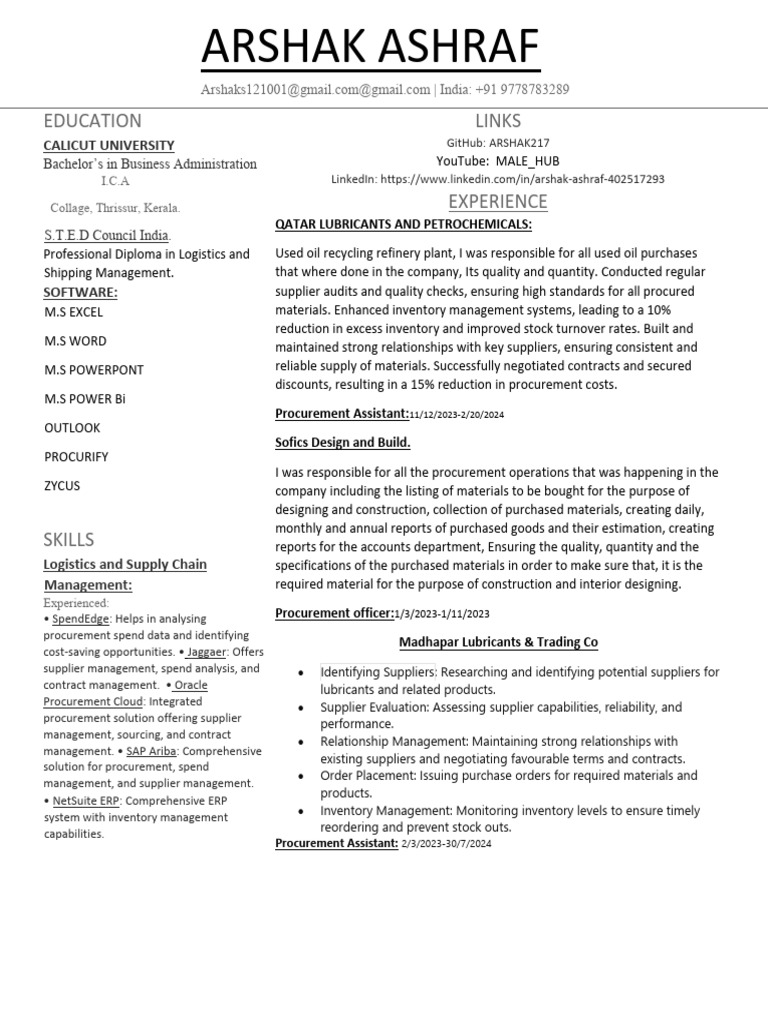 Arshak Ashraf Procurement CV | PDF | Procurement | Supply Chain